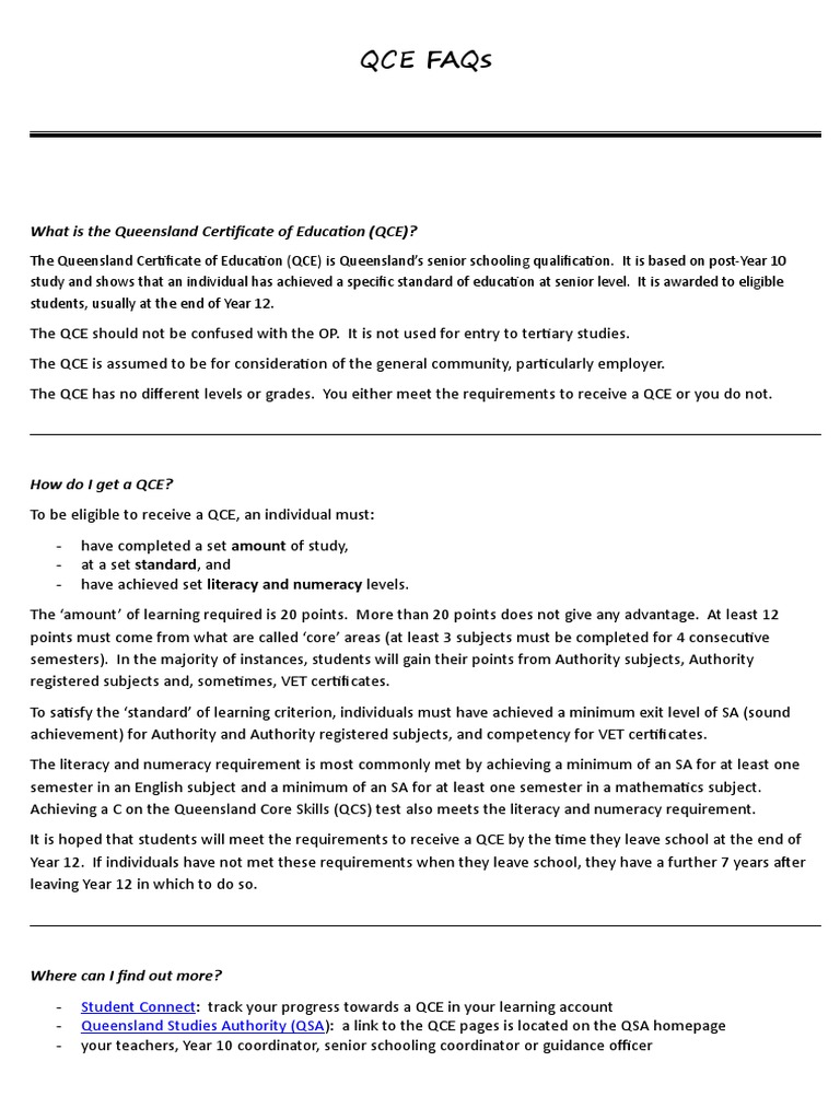 Qce Faqs: What Is The Queensland Certificate of Education (QCE) ? | PDF ...