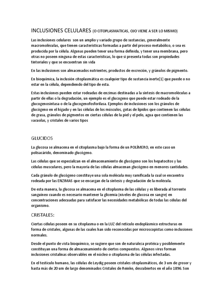 Inclusiones Celulares | PDF | Citoplasma | Glucógeno