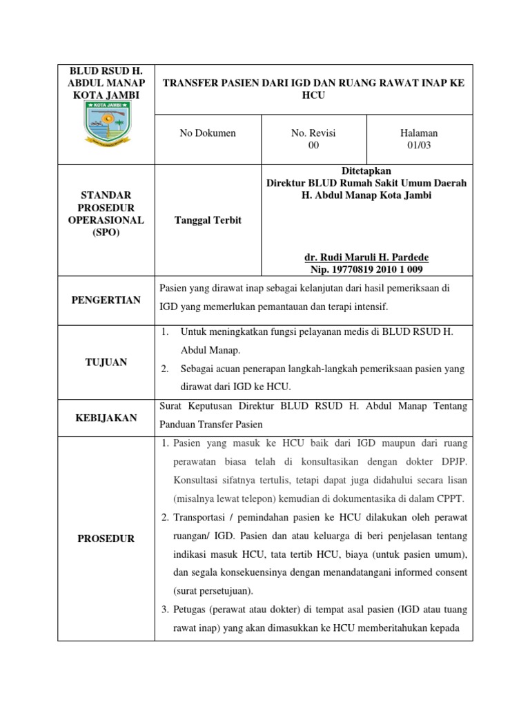 Sop Transfer Dri Igd Dan Ranap Ke Hcu | PDF