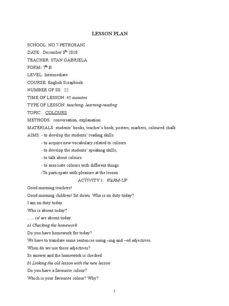 Lesson Plan: A) Checking The Homework | PDF | Lesson Plan | Color