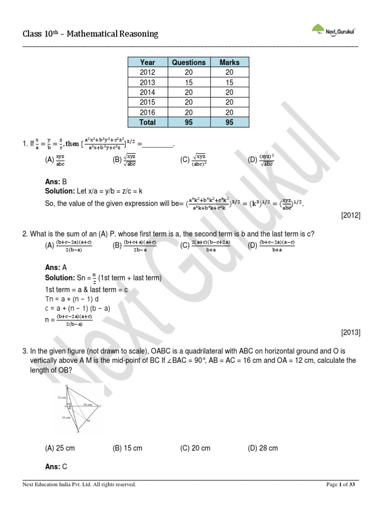 Class 10 Maths Olympiad Mathematical Reasoning Practice Papers | PDF ...