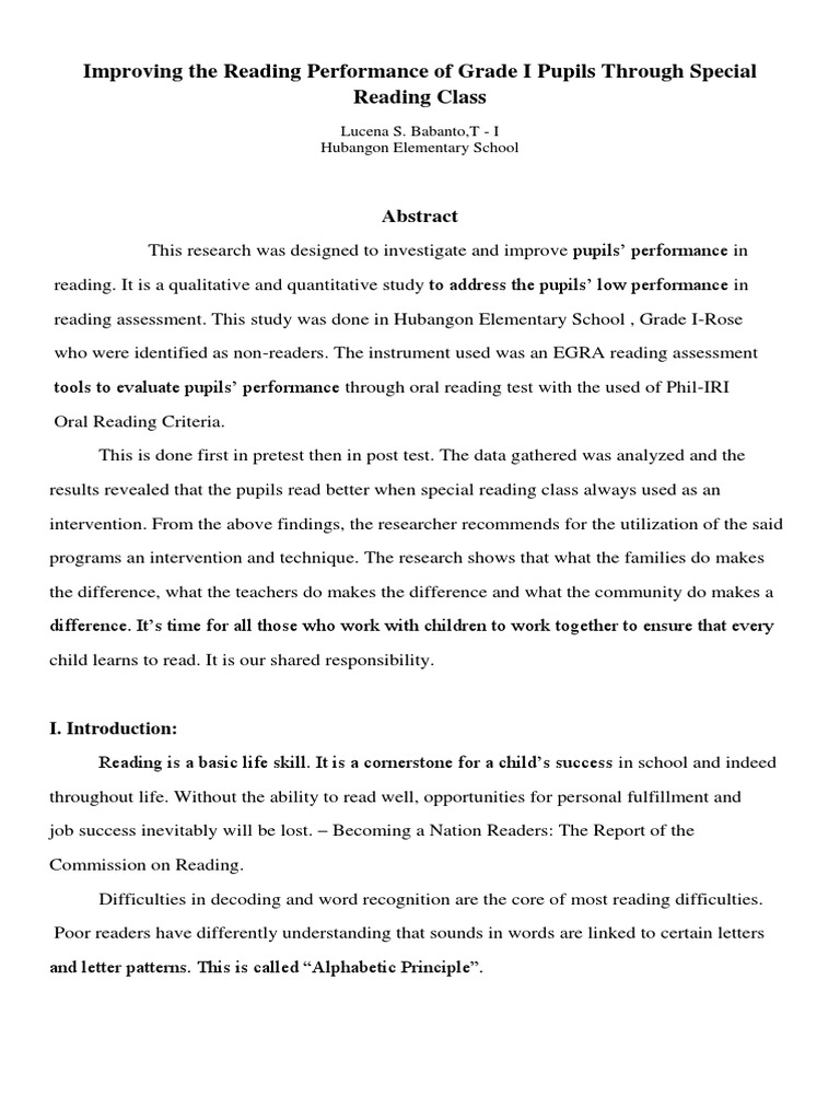 Improving The Reading Performance of Grade I Pupils Through Special ...