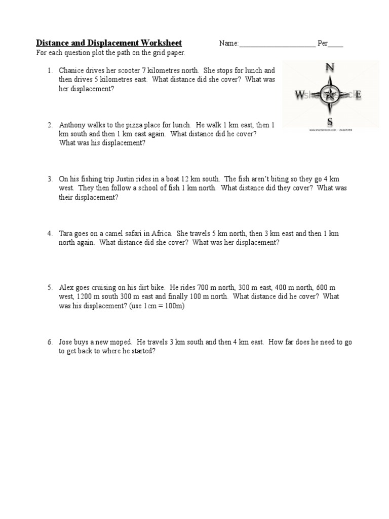 Distance and Displacement Practice Worksheet | PDF | Speed | Physics