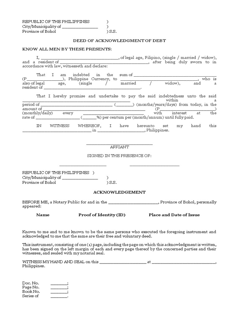 Deed of Acknowledgment of Debt Know All Men by These Presents | PDF ...