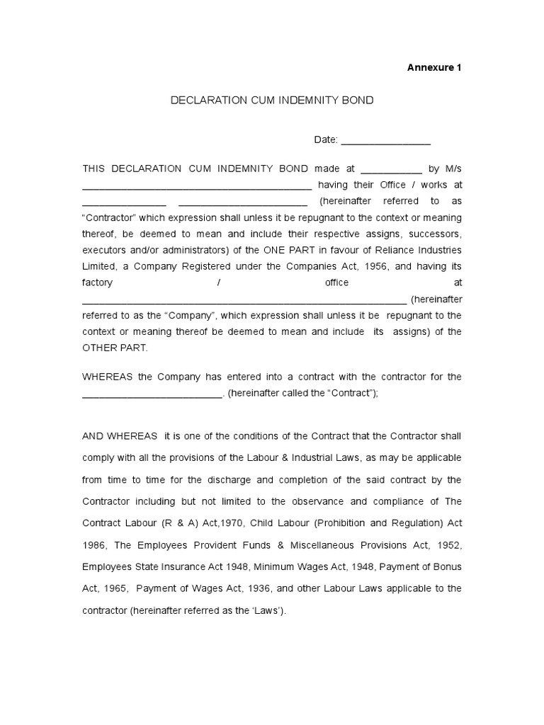 Declaration Cum Indemnity Bond: Annexure 1 | PDF | Indemnity | Employment