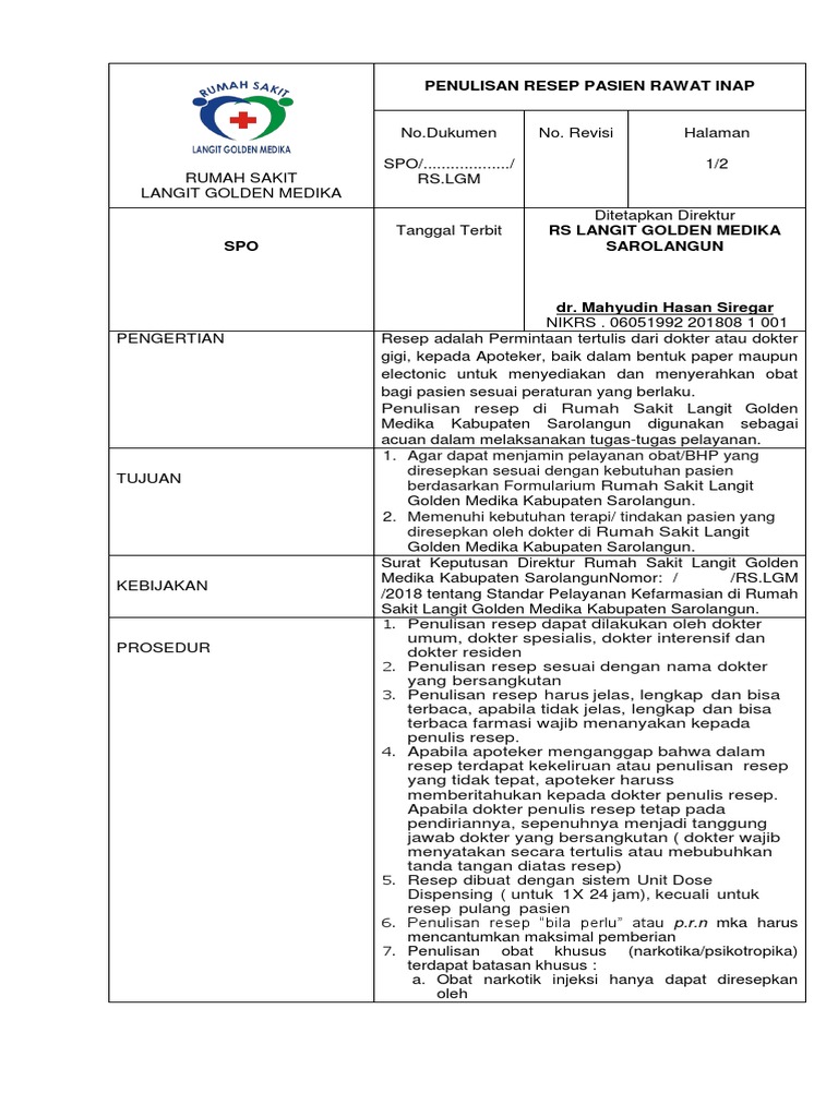Spo Penulisan Resep RANAP | PDF