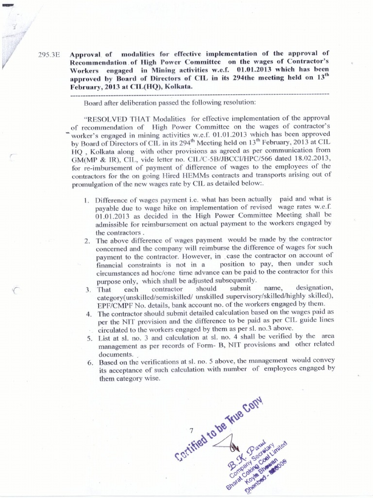 Approval of HPC Wages by CIL Board 295th Meeting | PDF