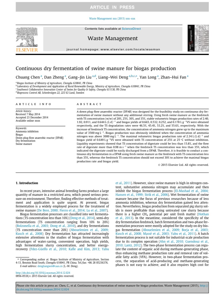 Continuous Dry Fermentation of Swine Manure For Biogas Production (BG92 ...