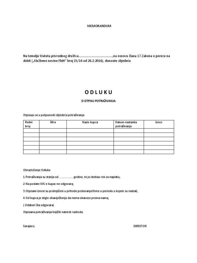 Odluka o Otpisu Potraživanja | PDF