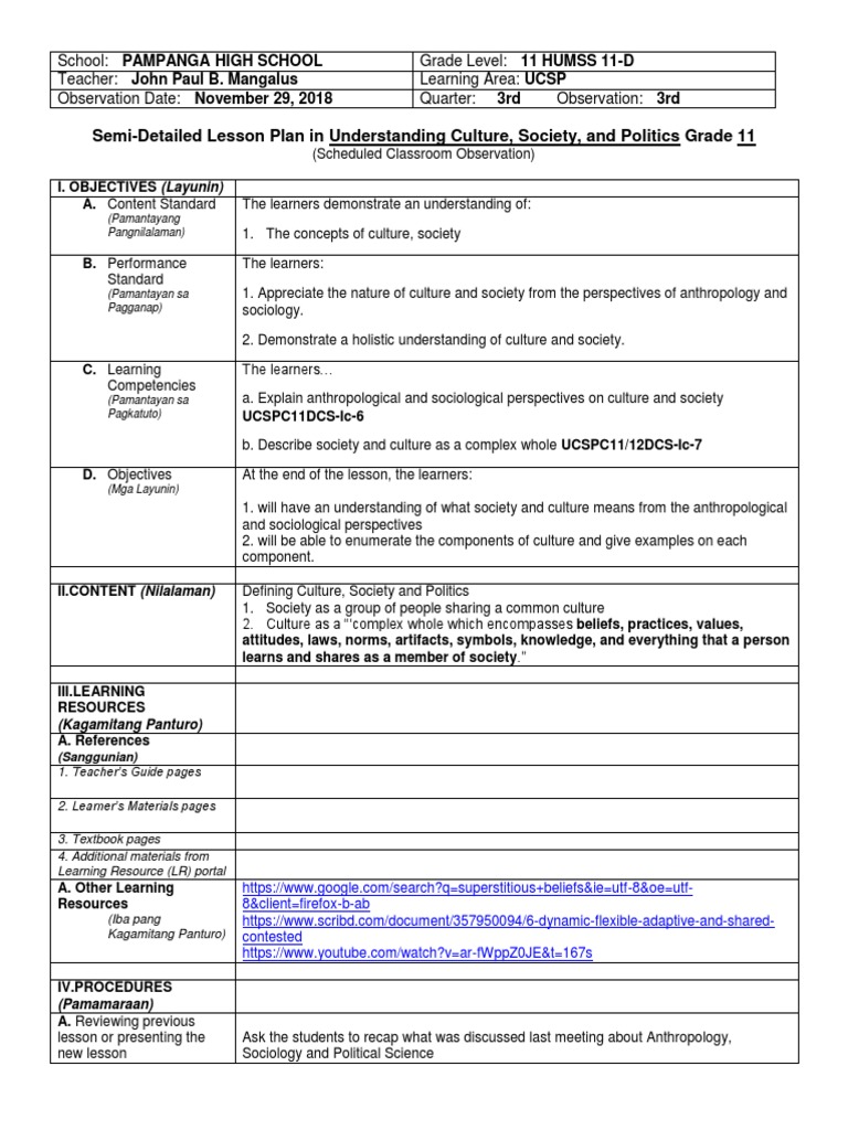 Semi-Detailed Sociology Lesson Plan | PDF | Sociology | Lesson Plan