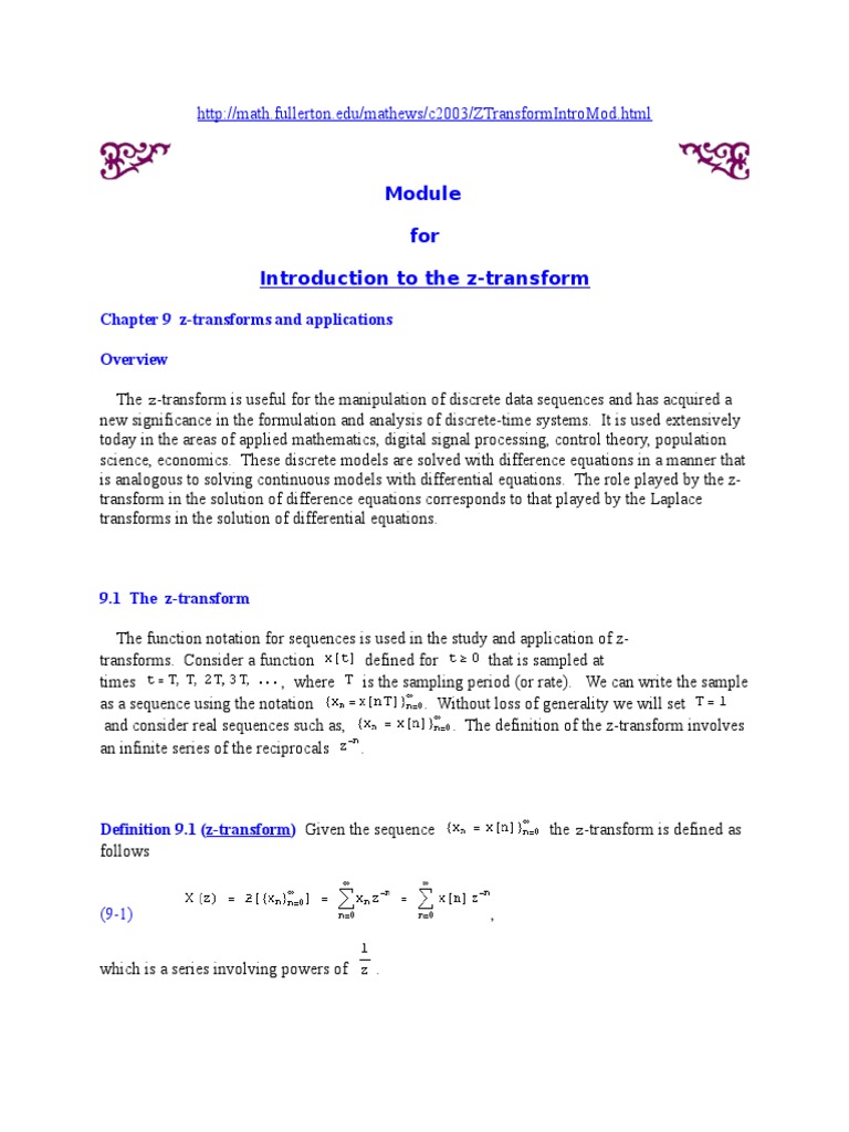 For Introduction To The Z-Transform: Chapter 9 Z-Transforms and ...