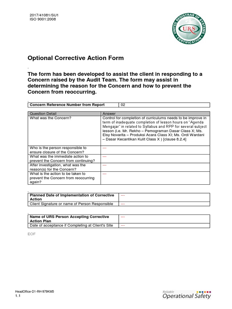 ISO 9001:2008 Corrective Action Form | PDF