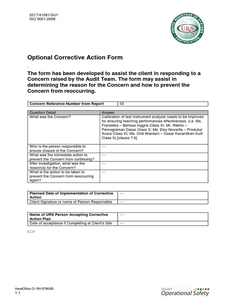 Optional Corrective Action Form: Concern Reference Number From Report | PDF