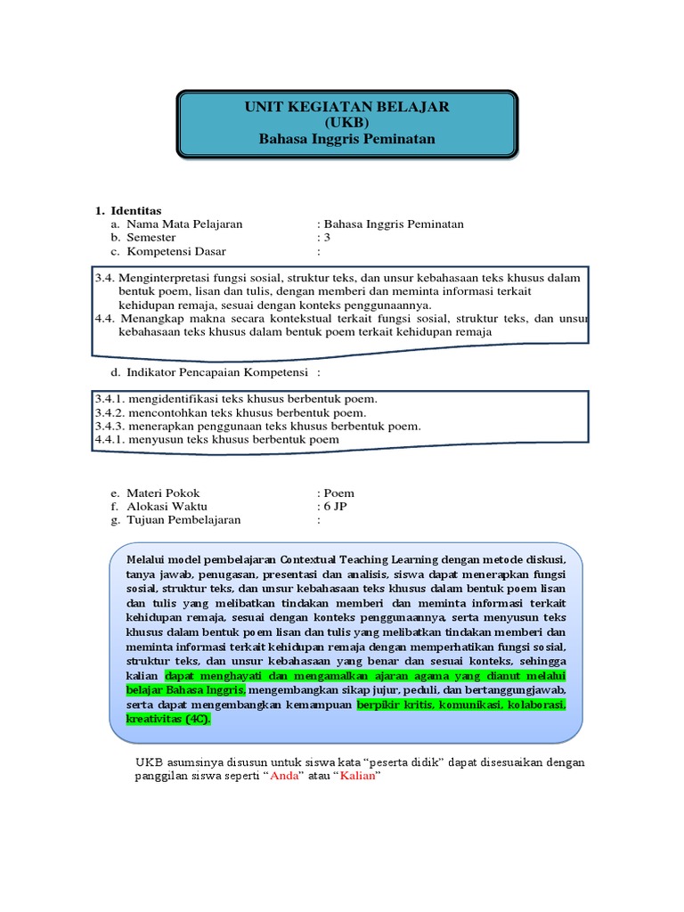 UKBM Sastra Inggris XI KD 3.4 - 4.4 Poem | PDF | Kajian Bahasa Asing