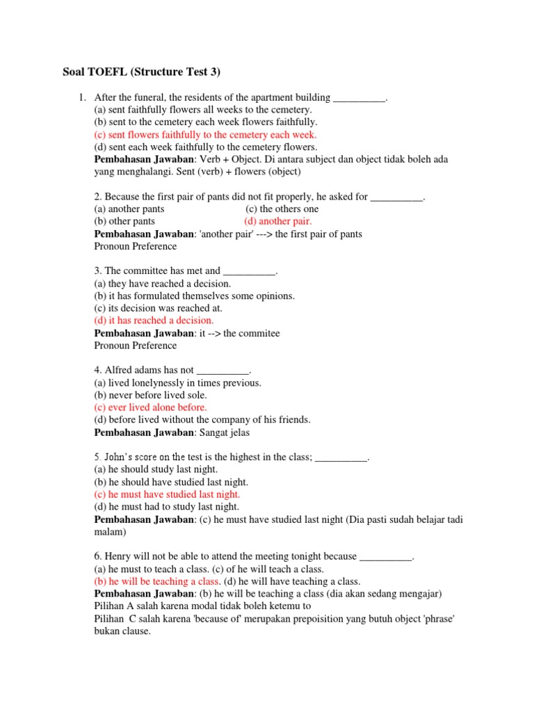 TOEFL Structure Test Questions and Answers | PDF | Grammatical Number ...