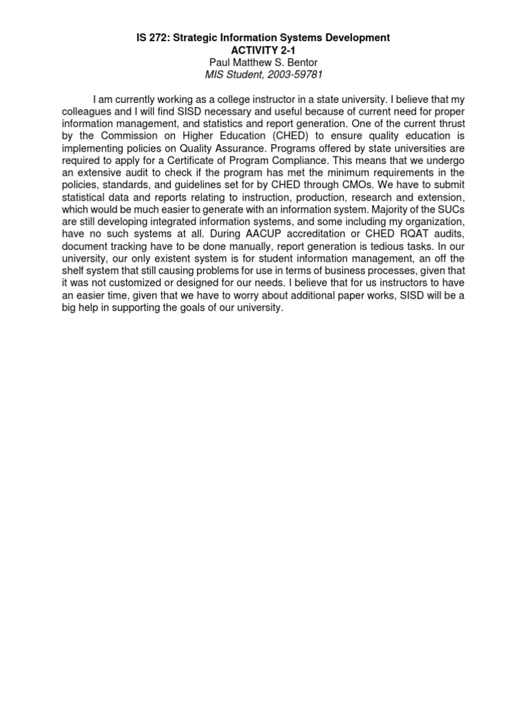 IS 272: Strategic Information Systems Development Activity 2-1 | PDF