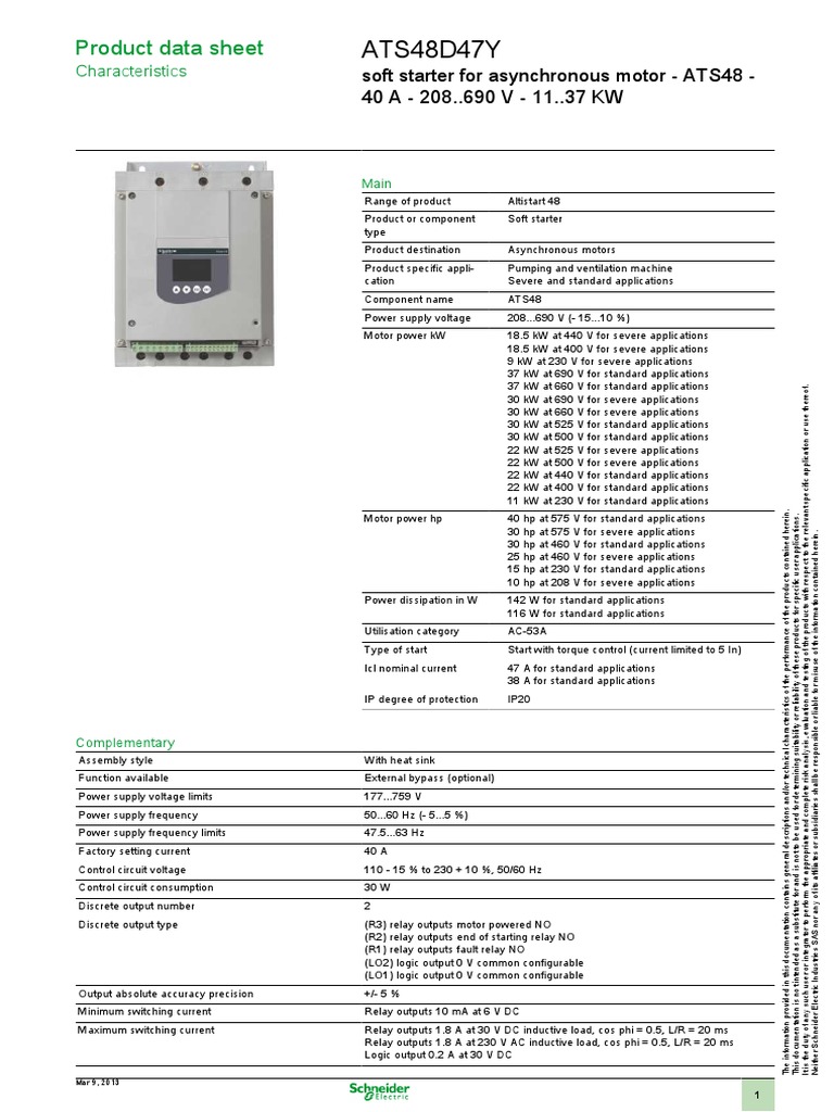 ATS48 Soft Starter Data Sheet | PDF | Relay | Power Supply