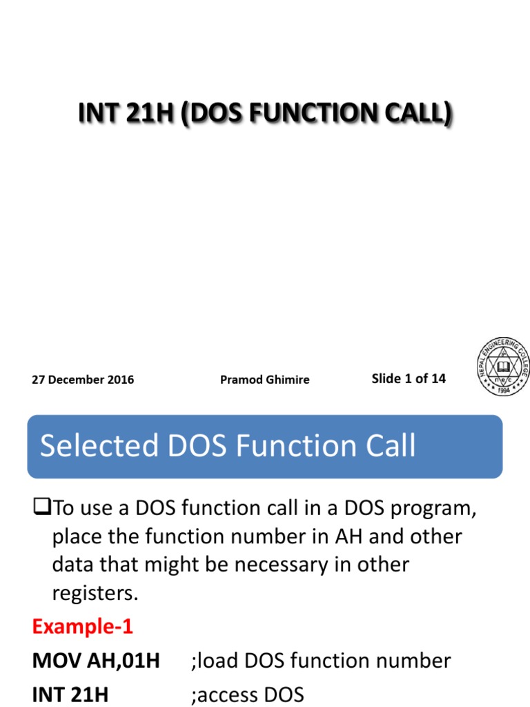 INT 21H - DOS Function Call | PDF | String (Computer Science) | Subroutine