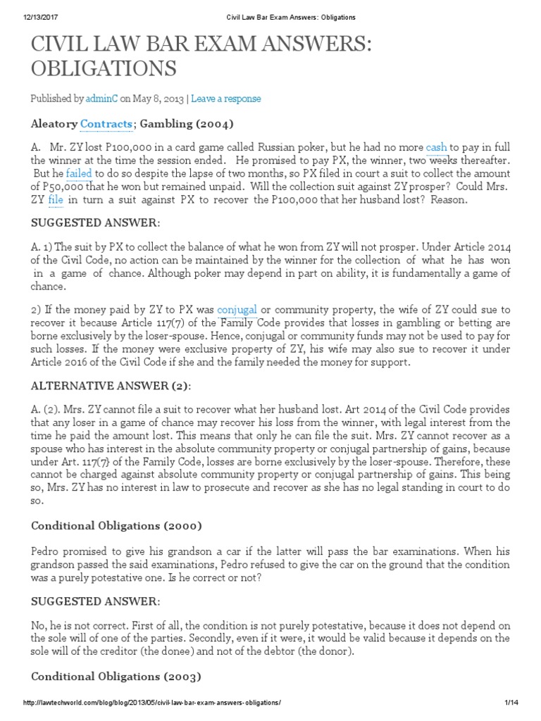 Civil Law Bar Exam Answers - Obligations | PDF | Guarantee | Justice