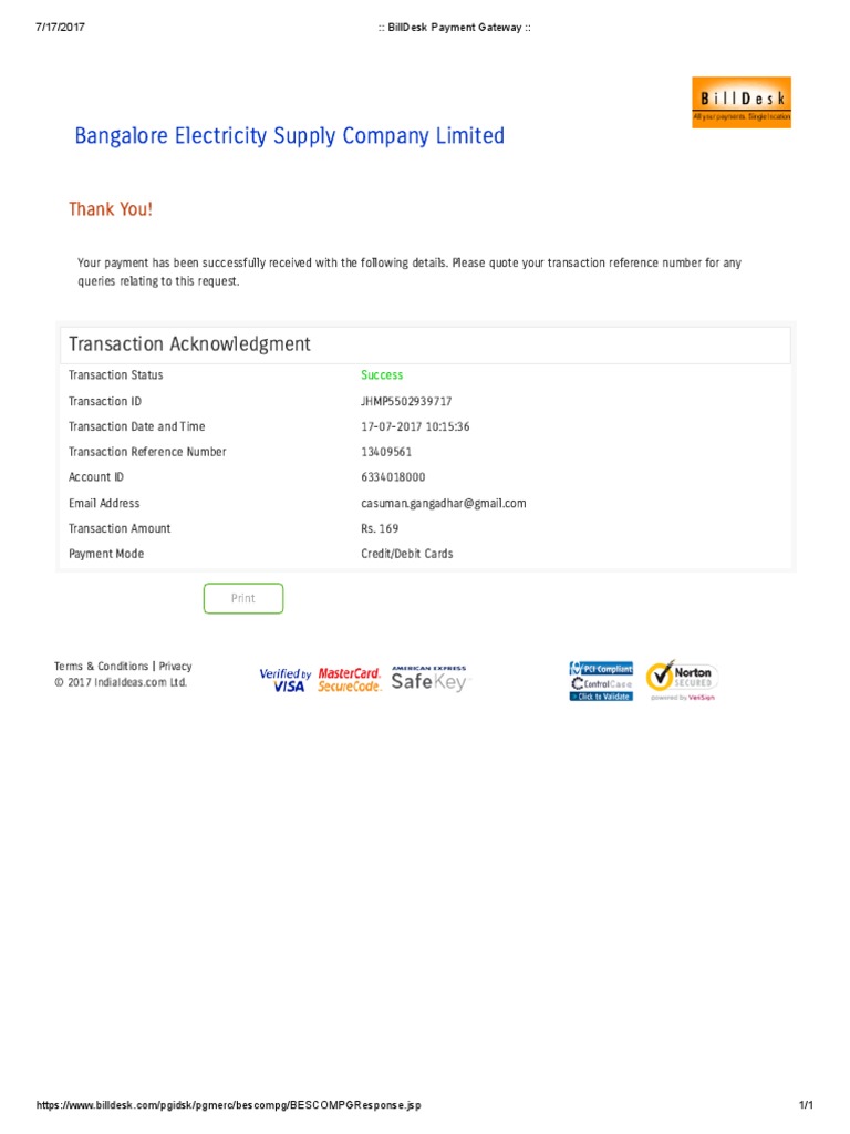 Bangalore Electricity Bill Payment Receipt | PDF