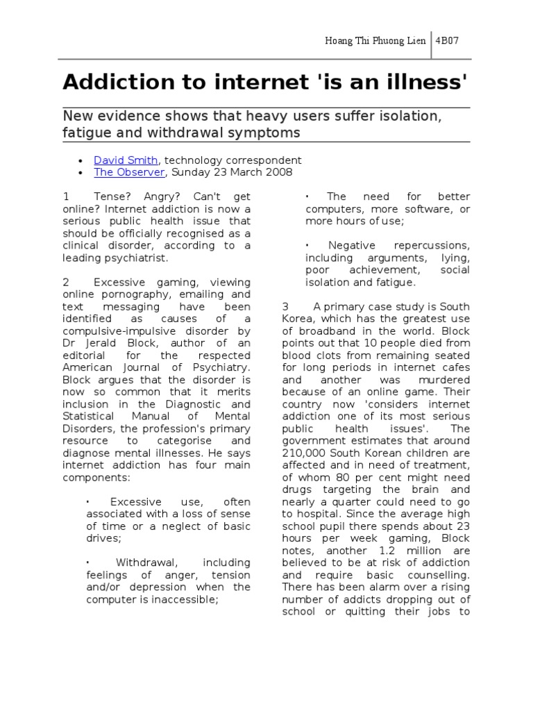 Addiction To Internet 'Is An Illness' | PDF | Mental Disorder | Internet