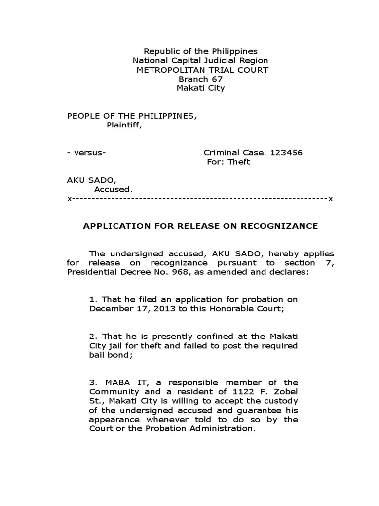 Application For Release On Recognizance | PDF | Law
