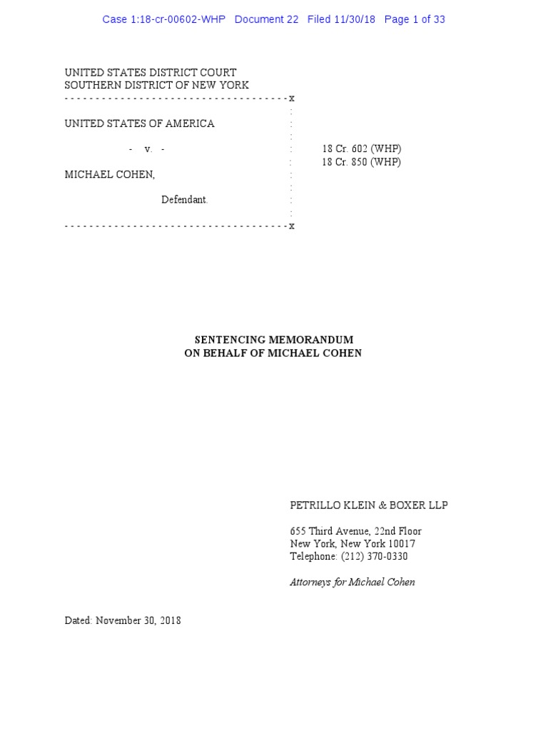 Michael Cohen Defense Sentencing Memo | PDF | Justice | Crime & Violence
