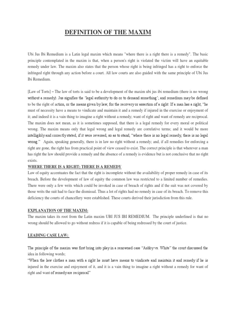 Definition of The Maxim: Where There Is A Right There Is A Remedy | PDF ...