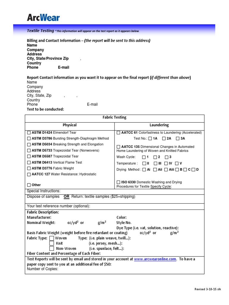 Textile Testing: Billing and Contact Information - (The Report Will Be ...