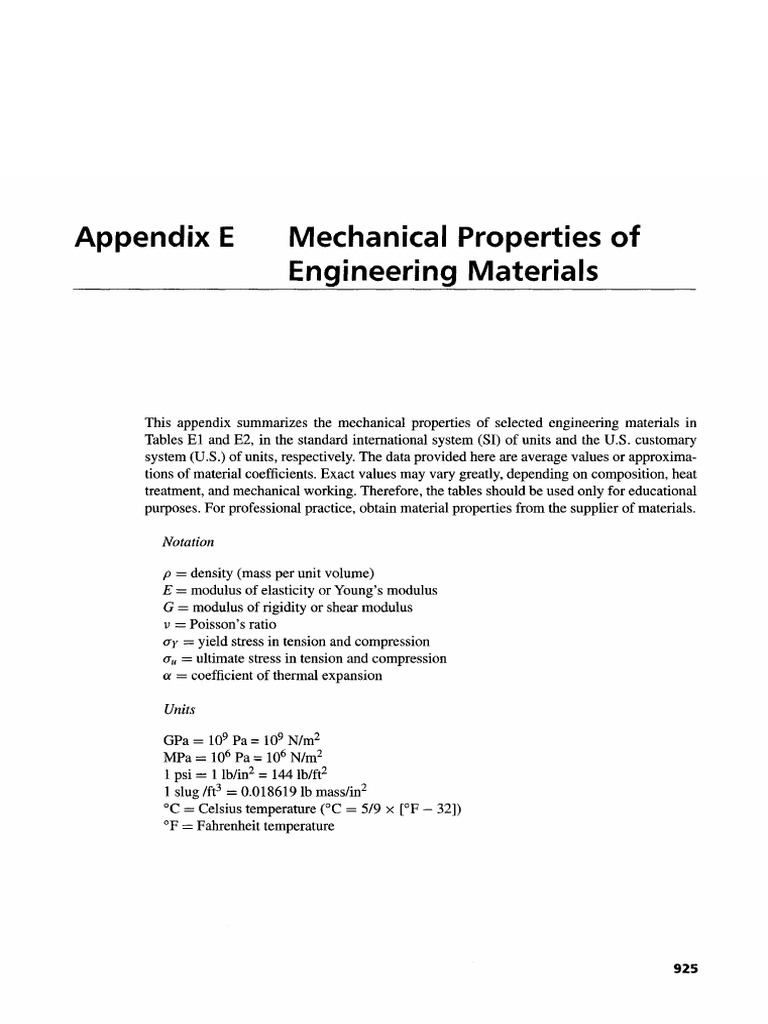 Appendix E Mechanical Properties of Engineering Materials | PDF ...