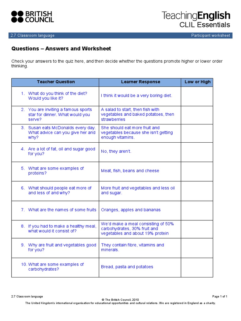 CLIL Essentials: Questions - Answers and Worksheet | PDF | Vegetables ...