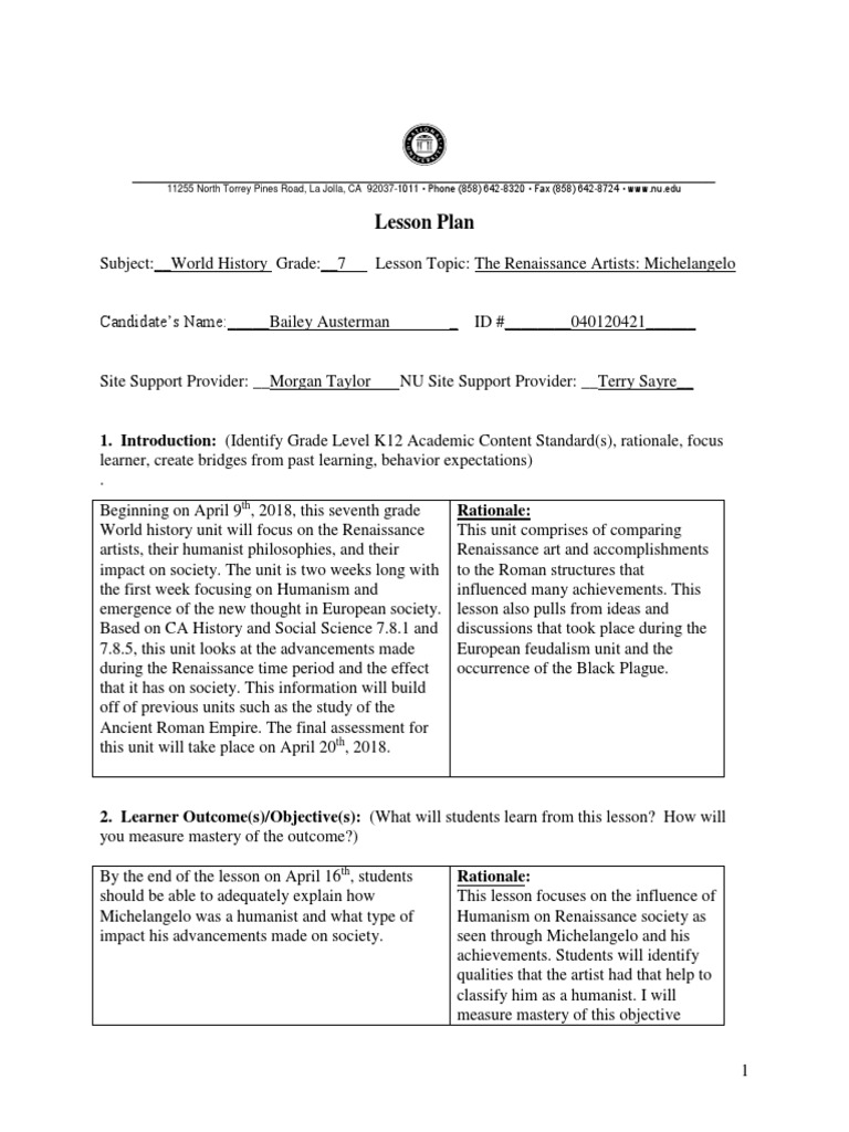 Lesson Plan: 1. Introduction: (Identify Grade Level K12 Academic ...