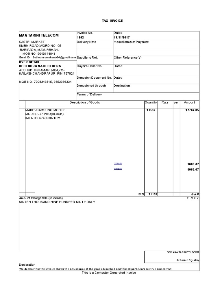 Maa Tarini Telecom: Tax Invoice | Download Free PDF | Invoice | Business