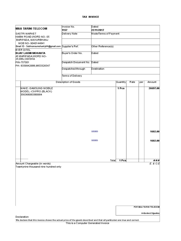 Maa Tarini Telecom: Tax Invoice | PDF | Invoice | Economies