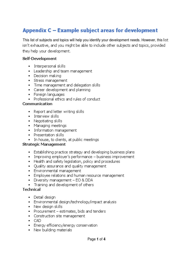 Appendix C - Example Subject Areas For Development | PDF | Occupational ...