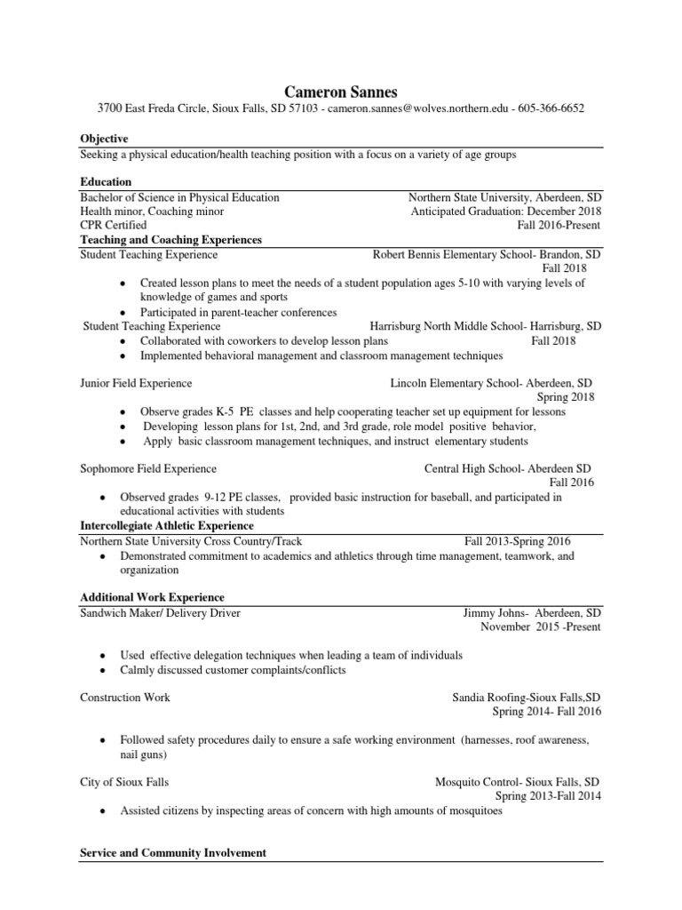 Sannes Cameron Resume | PDF | Physical Education | Classroom Management