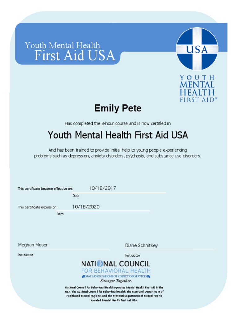 8hr MHFA Youth Certificate | PDF | Mental Health | Positive Psychology