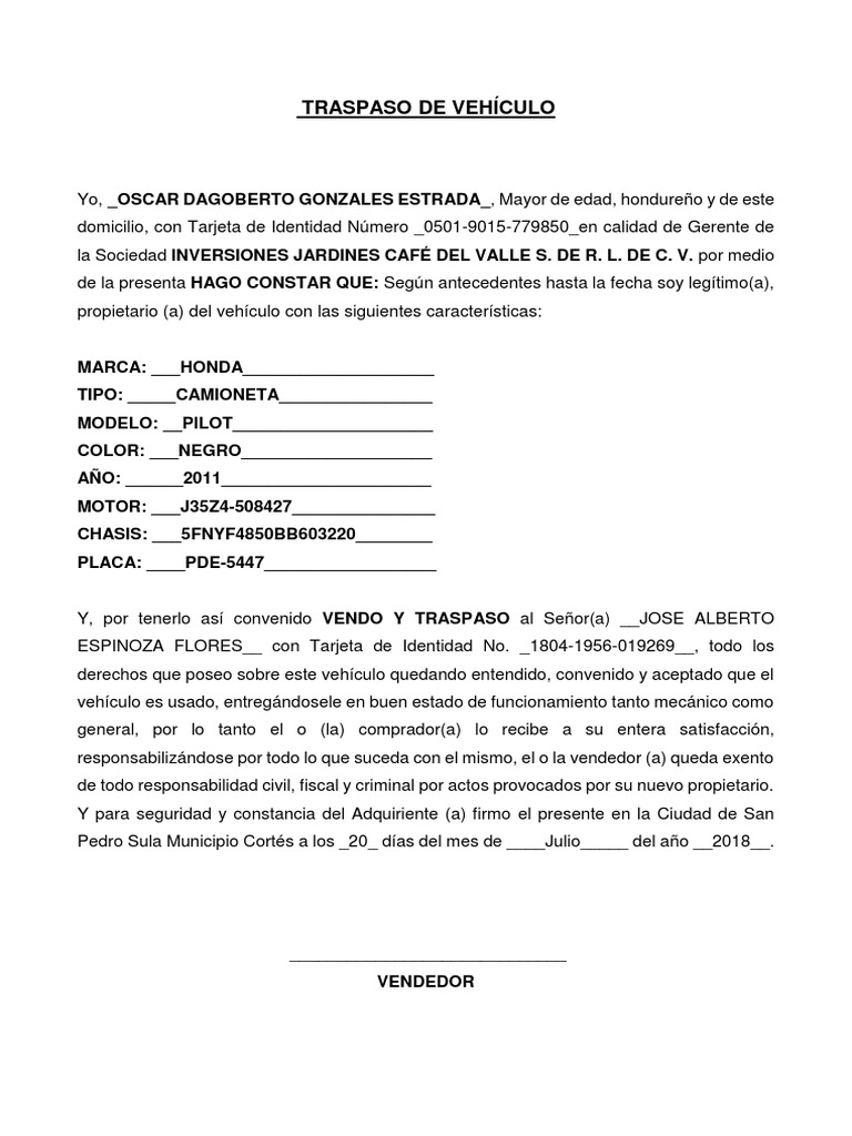 Traspaso de Vehículo | PDF