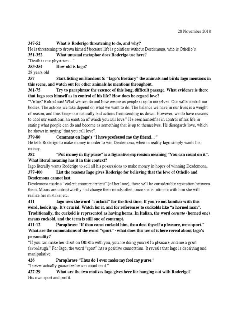 Act I Scene III Handout 5 Answers | PDF | Iago | Othello