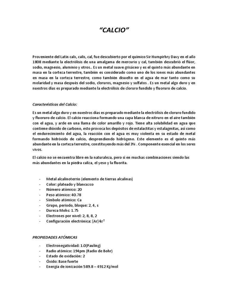 Propiedades y Usos del Calcio | PDF | Calcio | Átomos