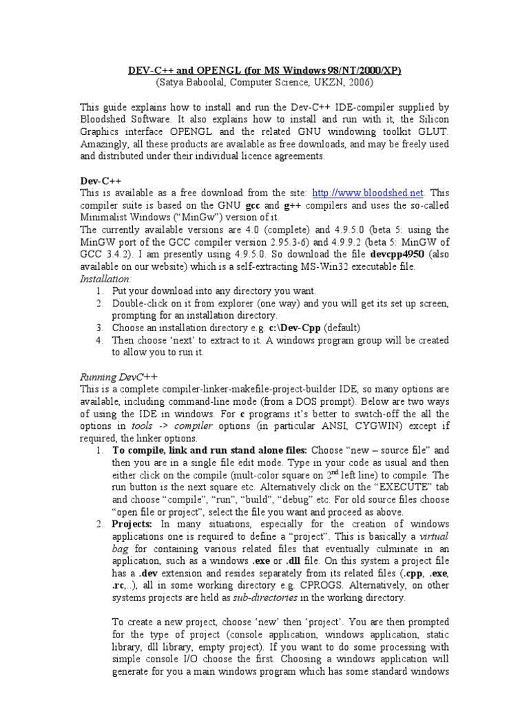 DEV-C++ and OPENGL (For MS Windows 98/NT/2000/XP) : Installation | PDF | Library (Computing ...