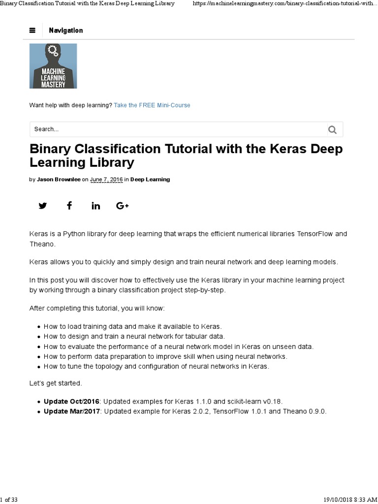 Binary Classification Tutorial With The Keras Deep Learning Library Pdf Artificial Neural 2874