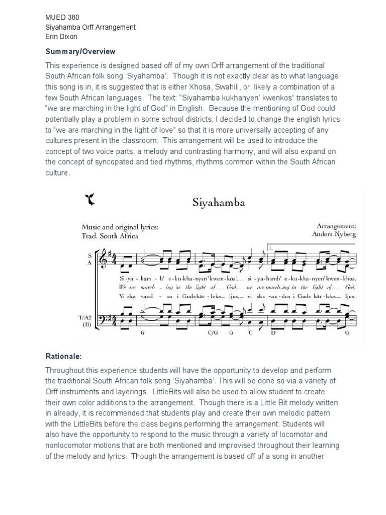 Siyahamba Orff Arrangement Experience Design | PDF | Rhythm | Singing