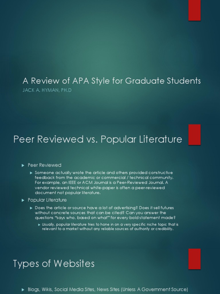 A Review of APA Style For Graduate Students: Jack A. Hyman, PH.D | PDF ...