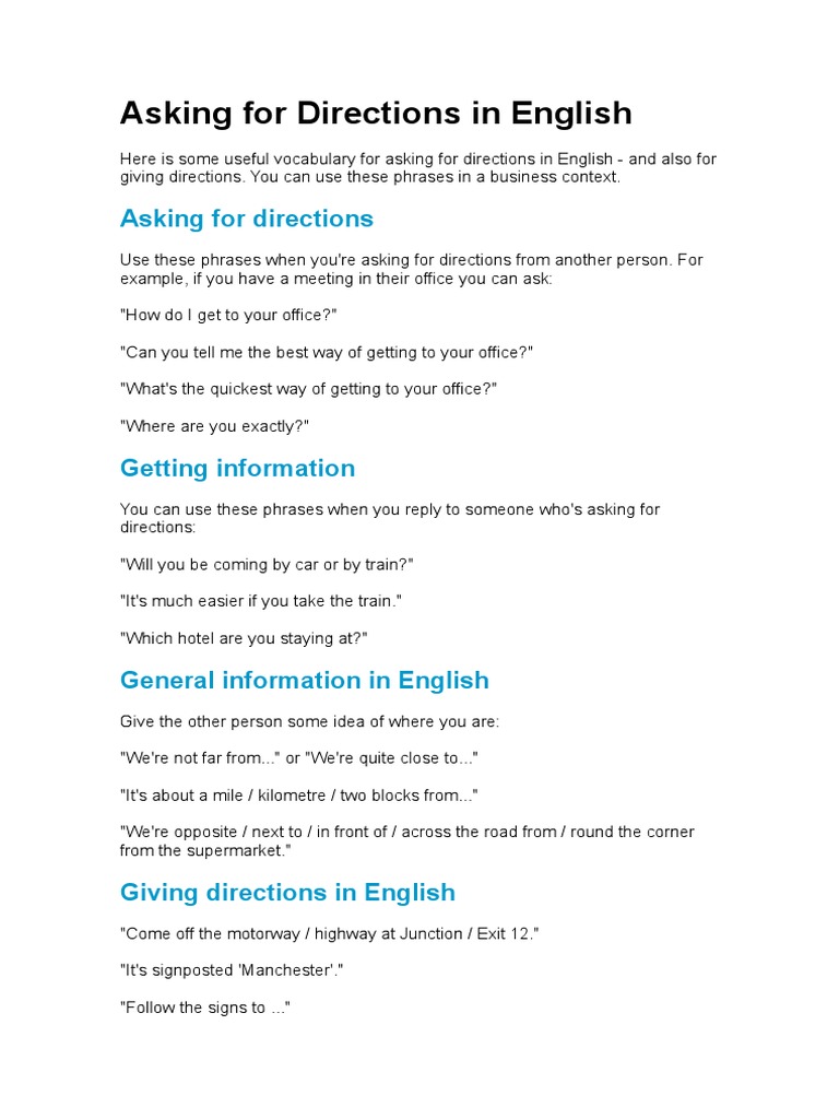 Asking for Directions in English | PDF | Road Transport | Transport