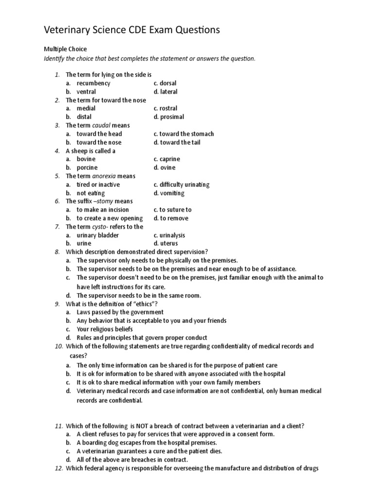 Veterinary Science CDE Exam Questions | PDF | Business
