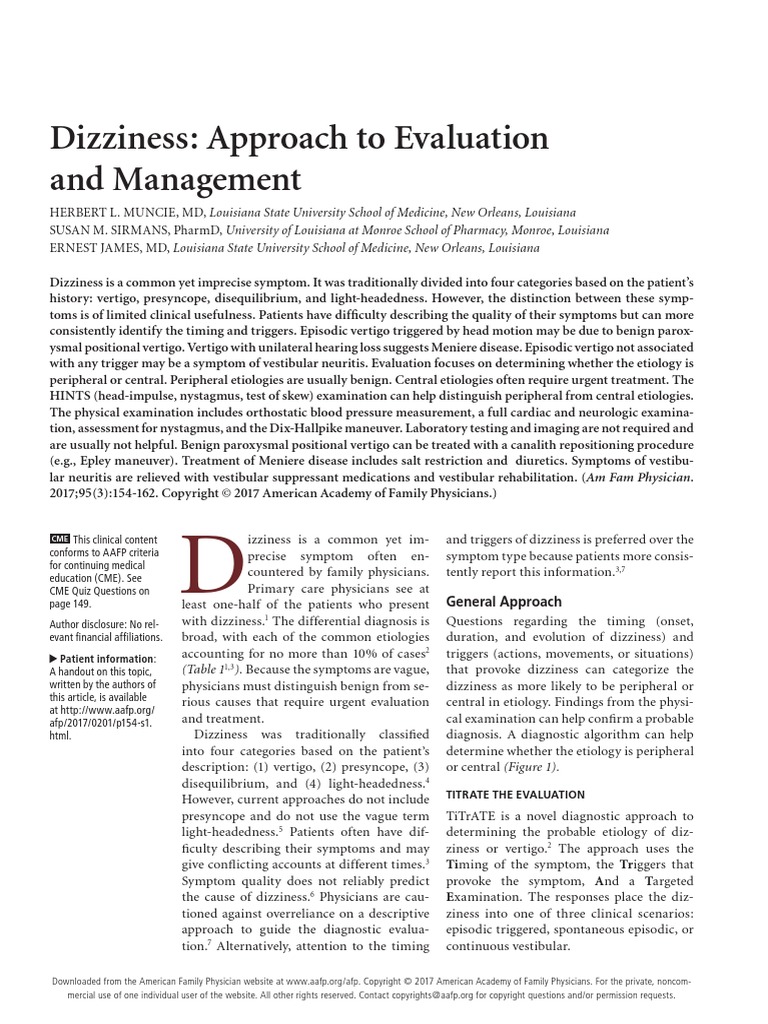 Aafp Dizziness CPG | PDF | Vertigo | Ménière's Disease