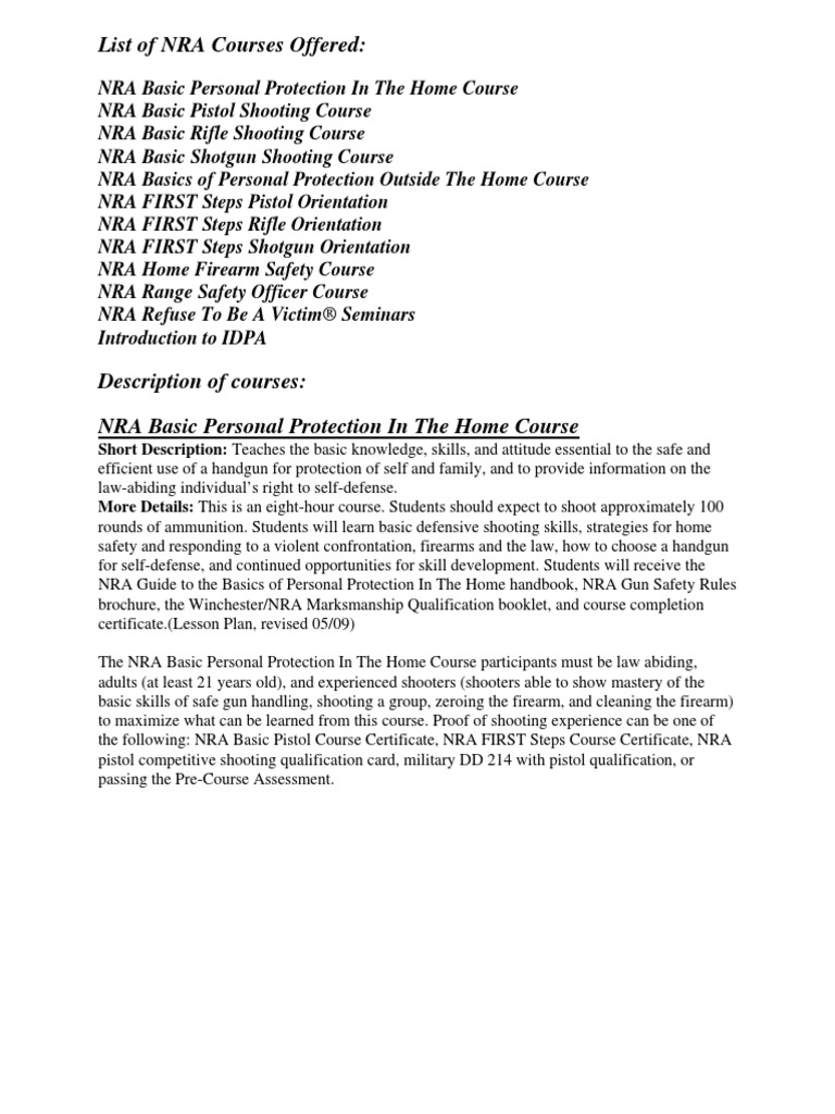 List of NRA Courses Offered | PDF | National Rifle Association | Firearms