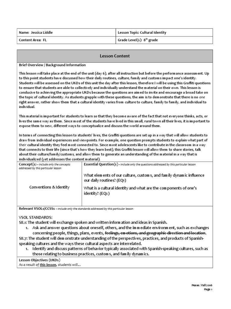 Lesson Content: Name: Jessica Liddle Lesson Topic: Cultural Identity ...