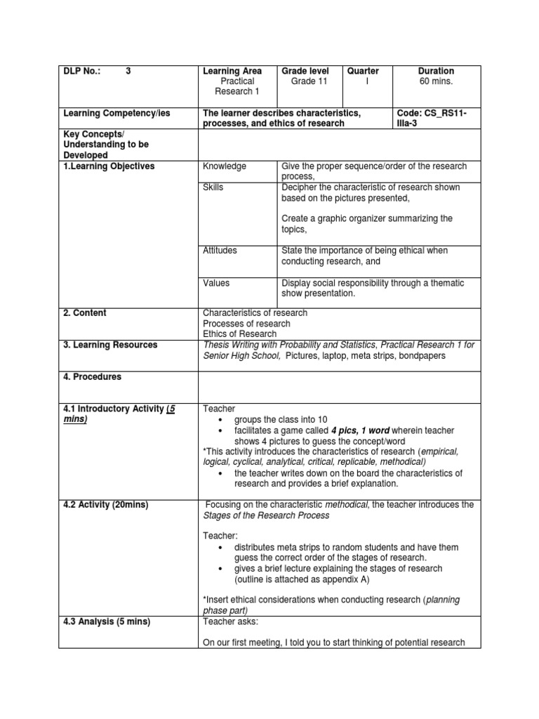 Practical Research 1 DLP - CSRS11-IIIa-3 | PDF | Research Design | Data